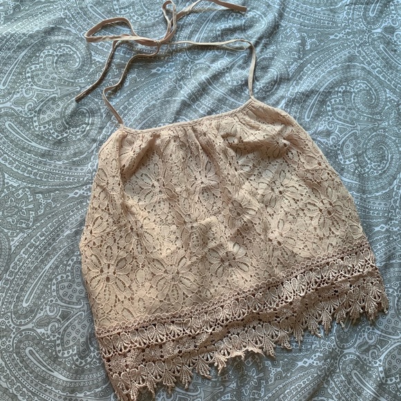 Tobi Tops Pale Pink Lace Tobi Halter Tie Cropped Top Poshmark
